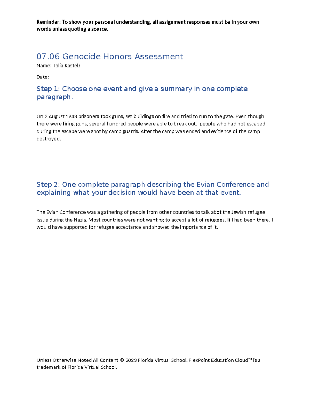 Genocide Honors Assessment - Final Exam by Talia Kastelz - Studocu