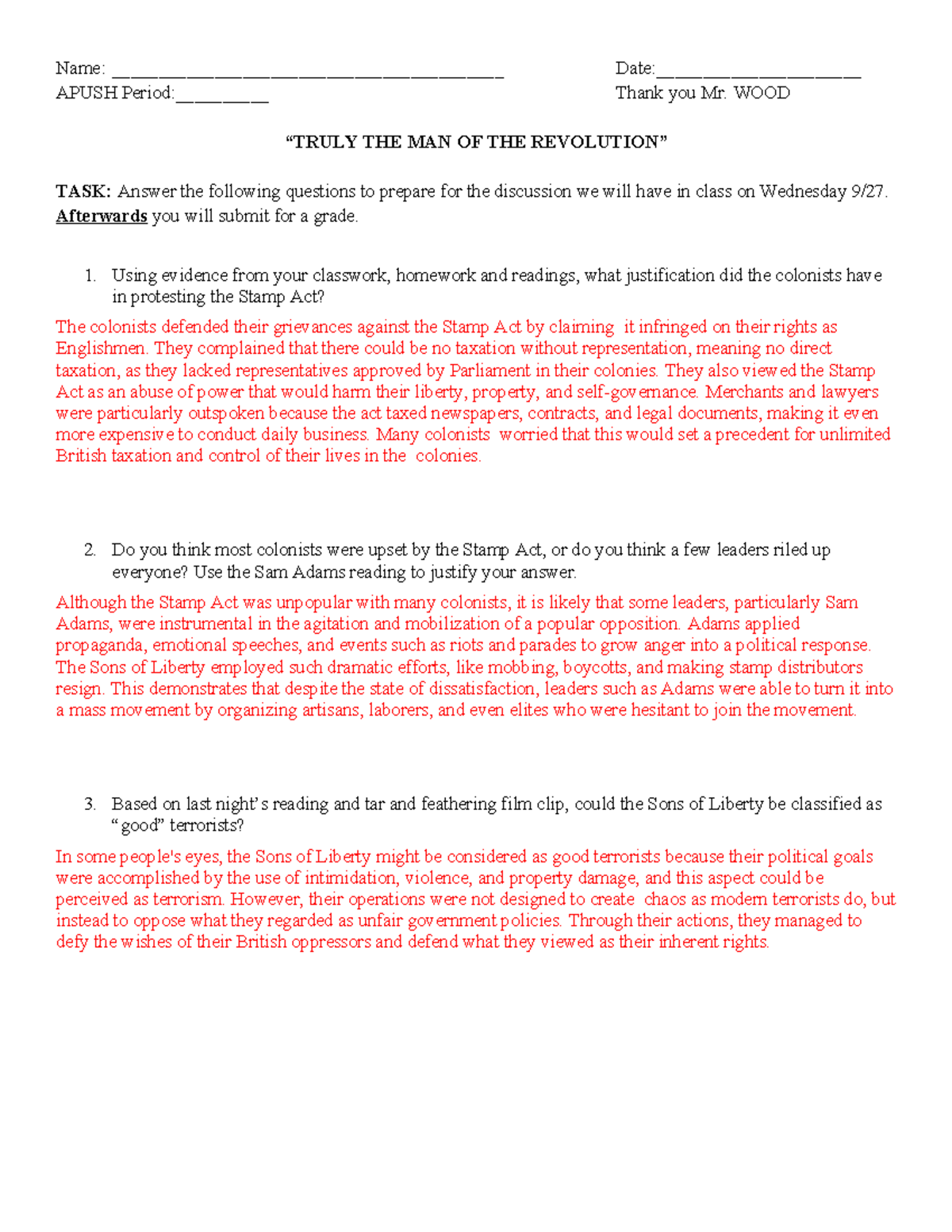 APUSH Discussion Prep: Samuel Adams & the Stamp Act Analysis - Studocu