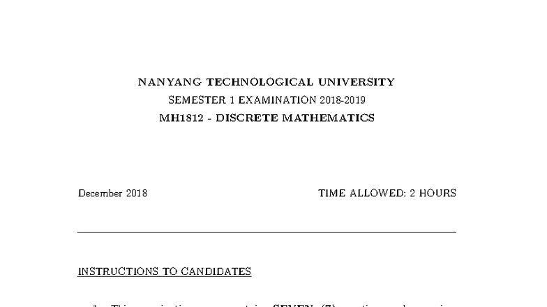 AY2018 S1-MH1812 - Final Exam Discrete Mathematics Practice - Studocu