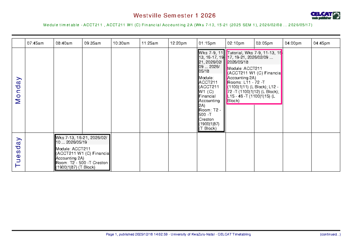 ACCT211 Semester 1 2026 Timetable for Financial Accounting 2A - Studocu