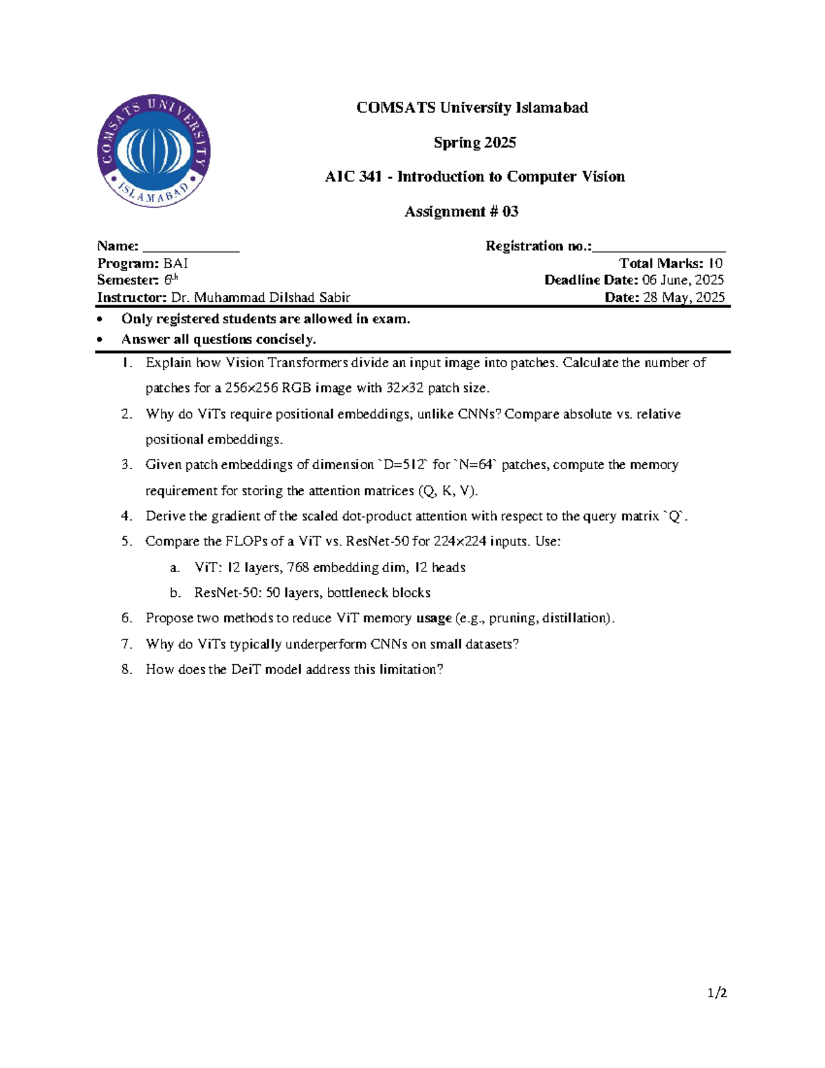 AIC 341 Introduction to Computer Vision Assignment 03 & 04 - Studocu