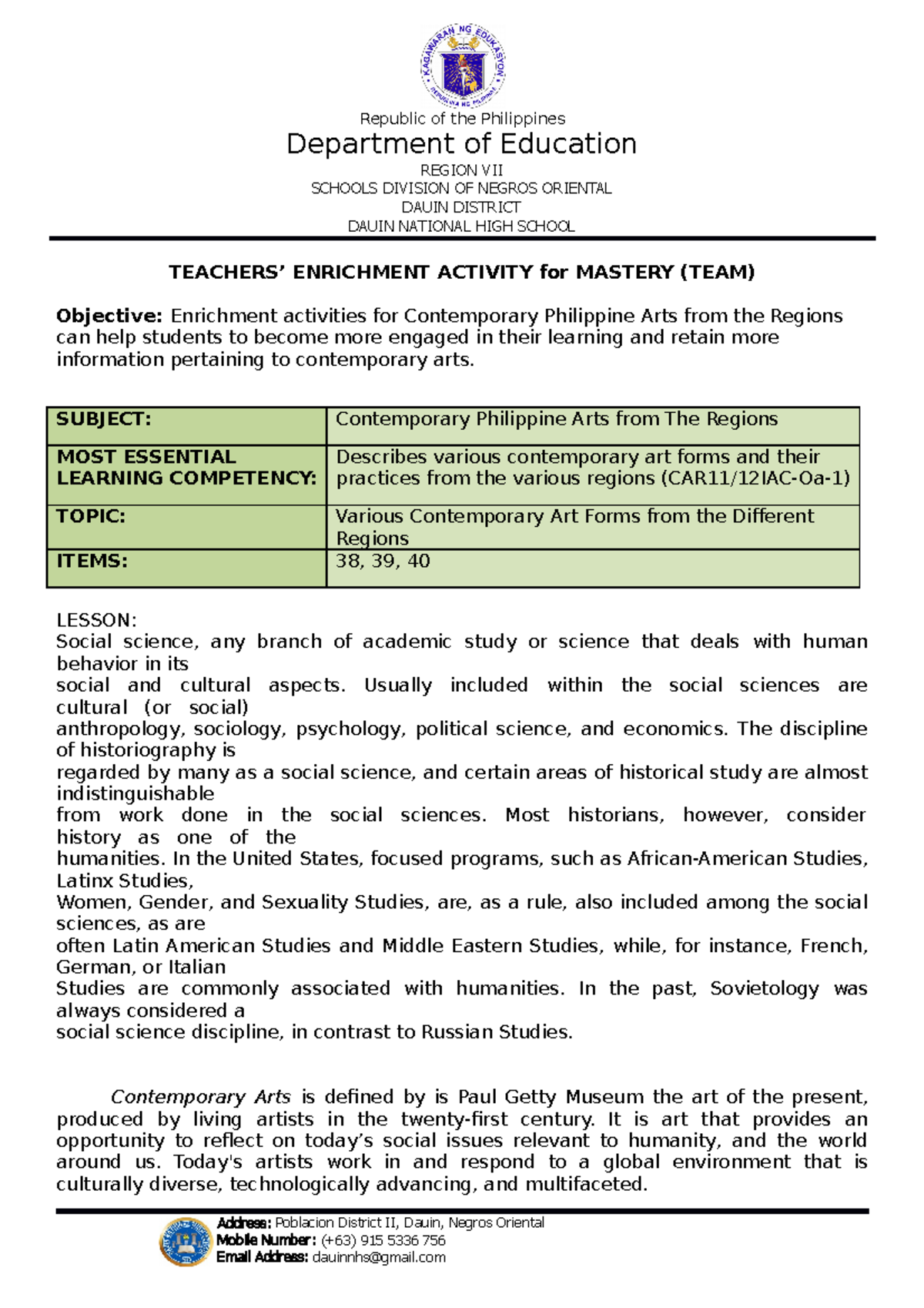 CPAR Quarter 1 Enrichment Activity Sheets on Contemporary Arts - Studocu