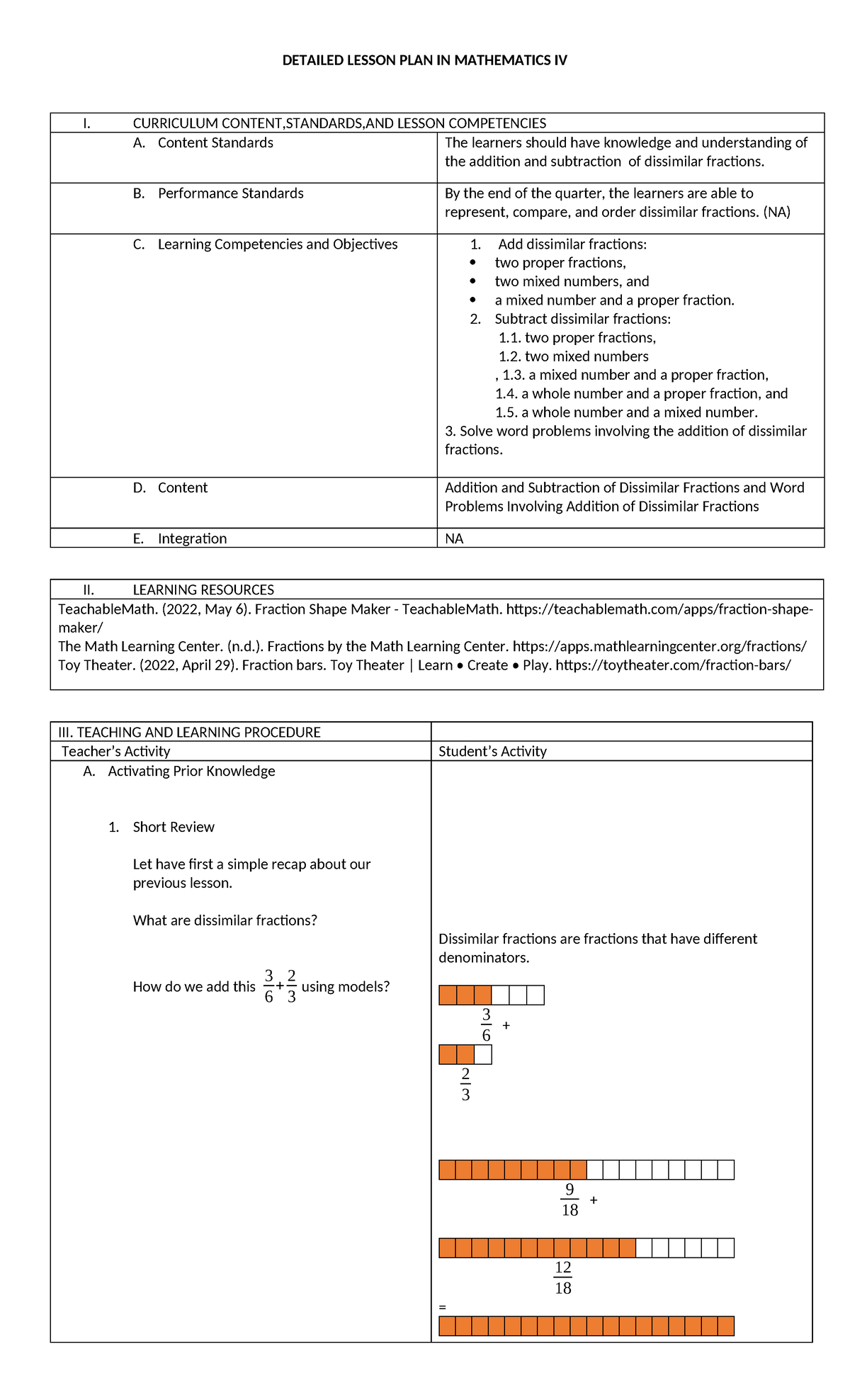 DLP 9: Detailed Lesson Plan on Adding & Subtracting Dissimilar Fractions - Studocu