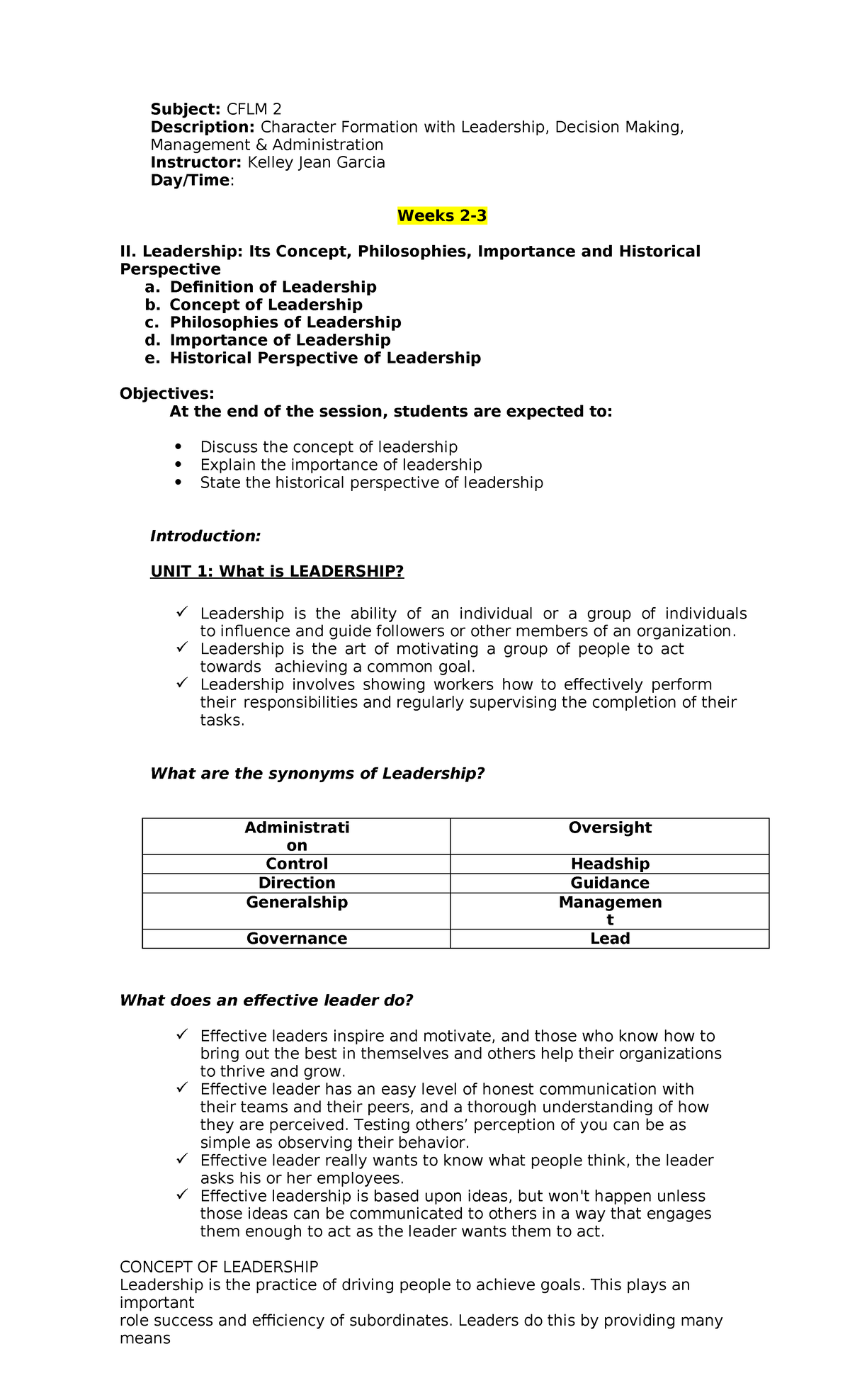 CFLM 2 - Leadership Concepts, Philosophies, and Historical Overview ...