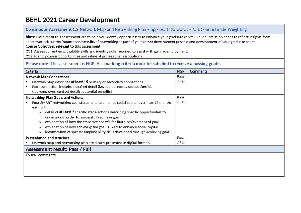 BEHL 2021 Career Development Assessment 1.3: Network Map & Plan - Studocu