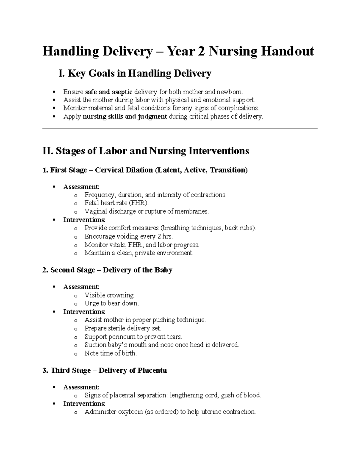 Nur 202 Final Exam Key Goals And Nursing Interventions In Delivery