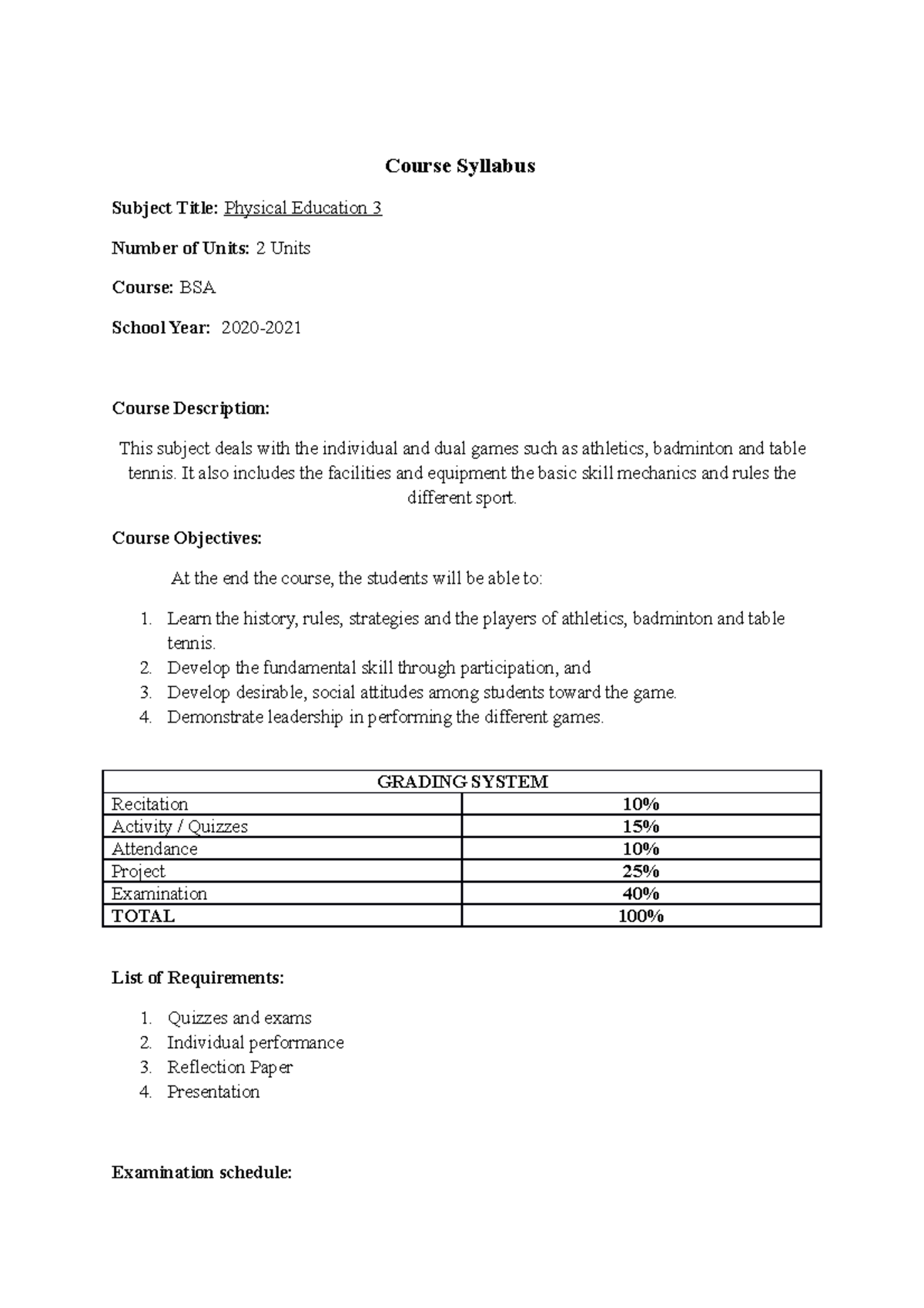 Course Syllabus P.E 3 - Physical Education Overview & Details - Studocu