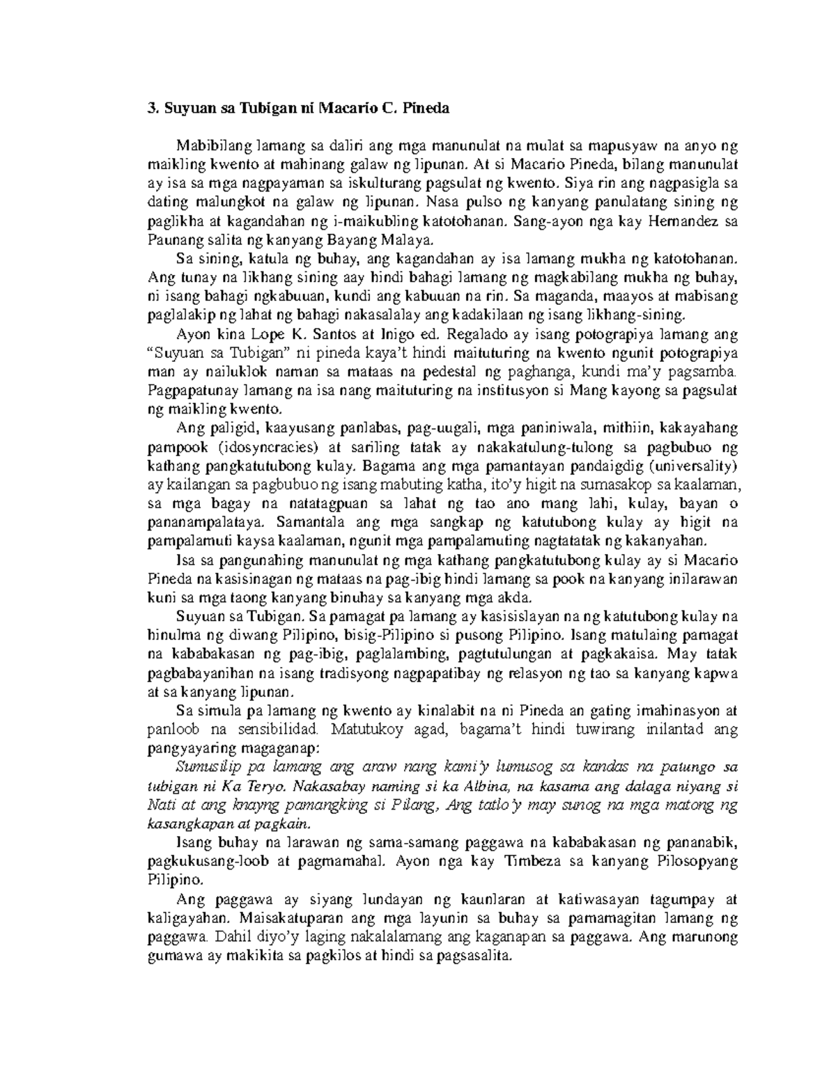 Kritikal na Pagsusuri sa "Suyuan sa Tubigan" ni Macario C. Pineda - Studocu