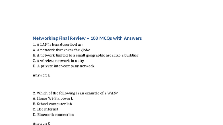 Networking Final Review: 100 MCQs with Answers - Studocu