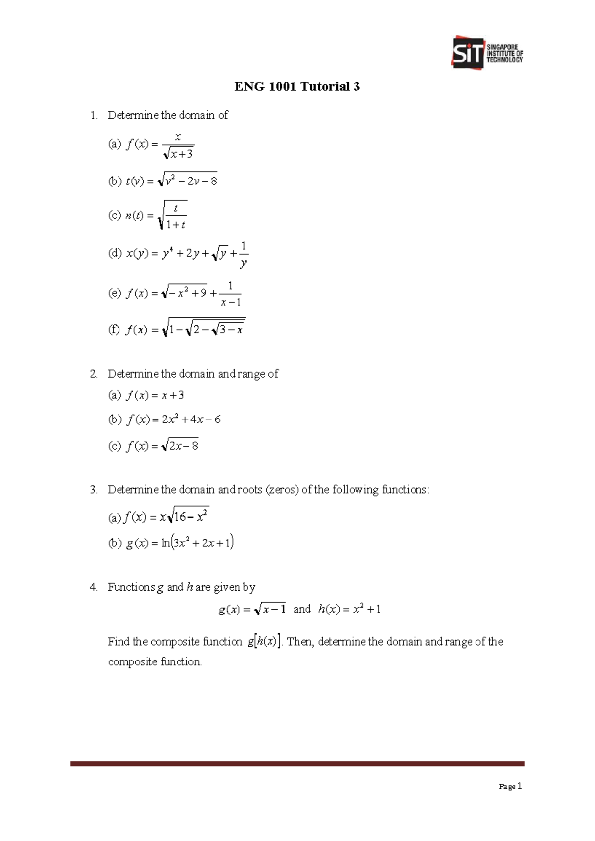 ENG 1001 Tutorial 3: Domains, Ranges, and Inverses of Functions - Studocu