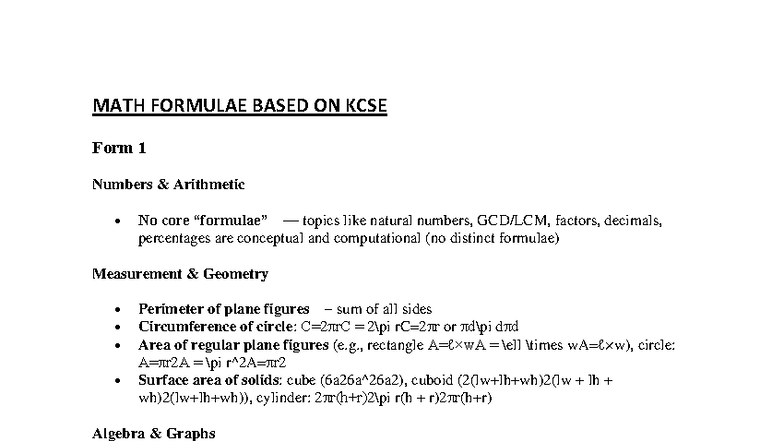 MATH Formulae for KCSE: Comprehensive Guide for All Forms - Studocu