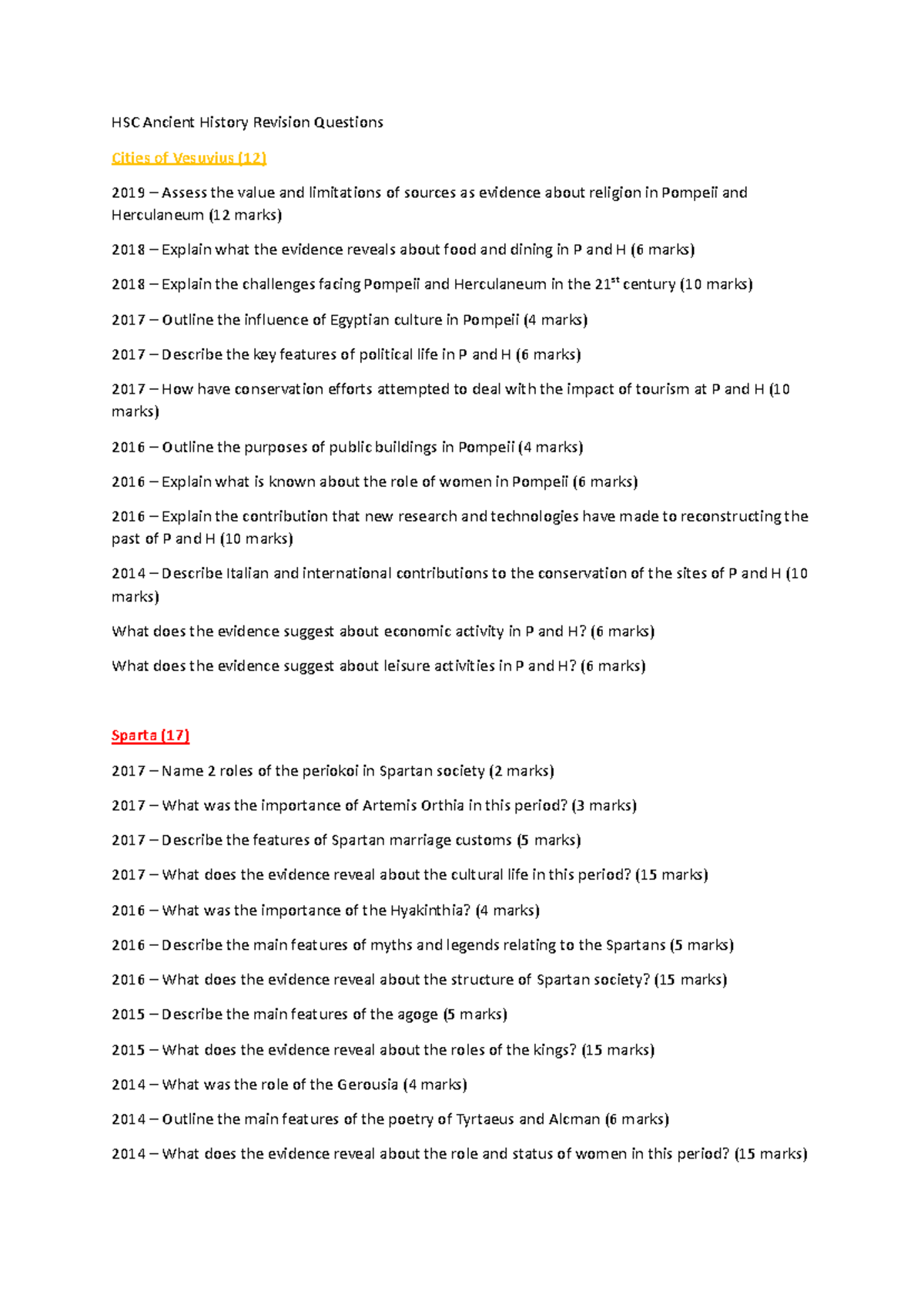 HSC Ancient History Revision Questions: Focus on Sparta (12) - Studocu