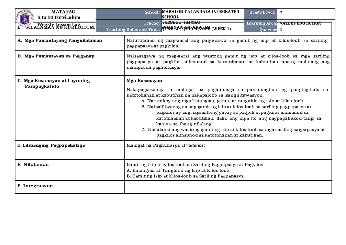WEEK 1 - Values Education Lesson Plan for Grade 7 (K to 10 Curriculum ...
