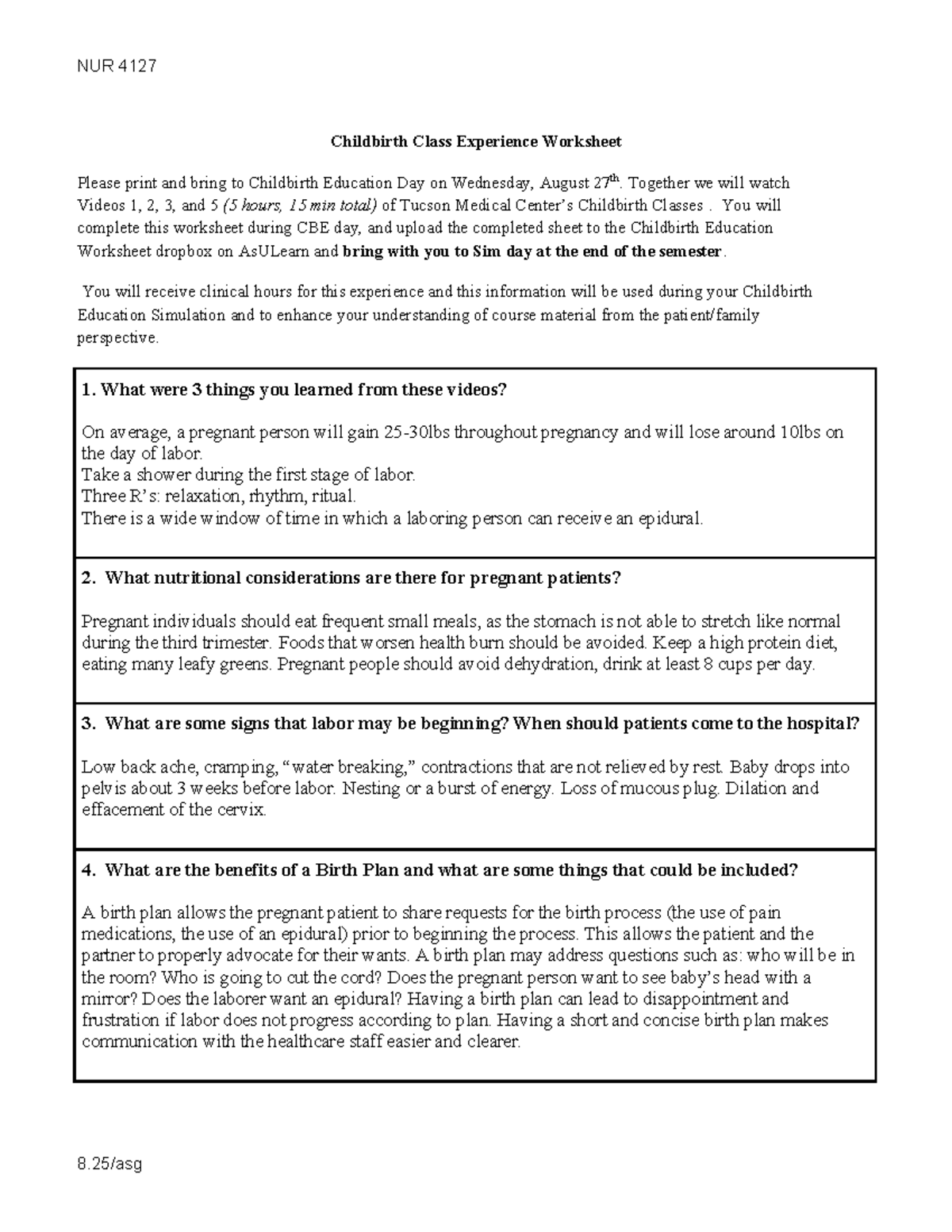 NUR 4127 Childbirth Education Day Experience Worksheet - Studocu
