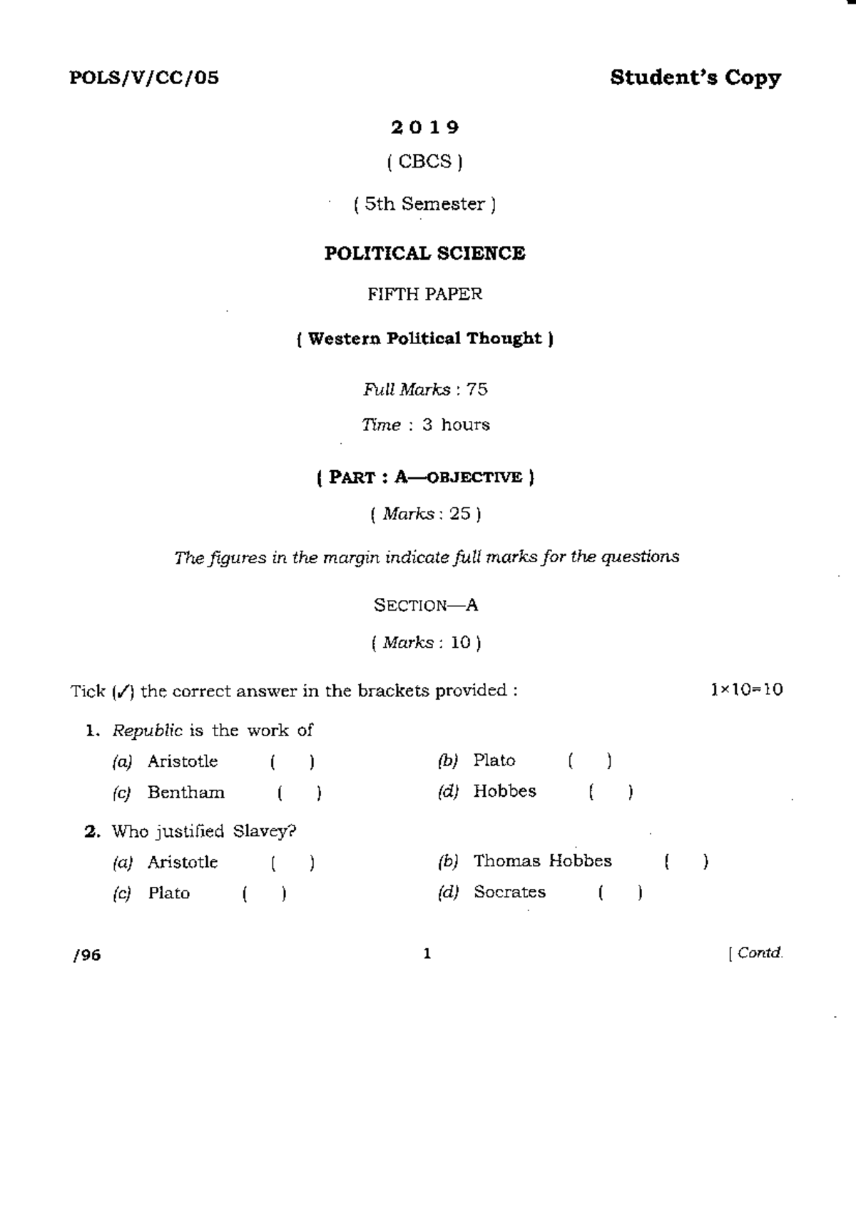 CBCS 5th Sem POLITICAL SCIENCE V Paper: Western Political Thought Exam ...