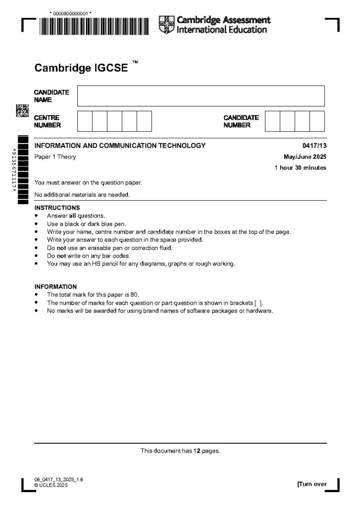 Cambridge IGCSE ICT 0417/13 Theory Paper 1 Exam 2025 - Studocu