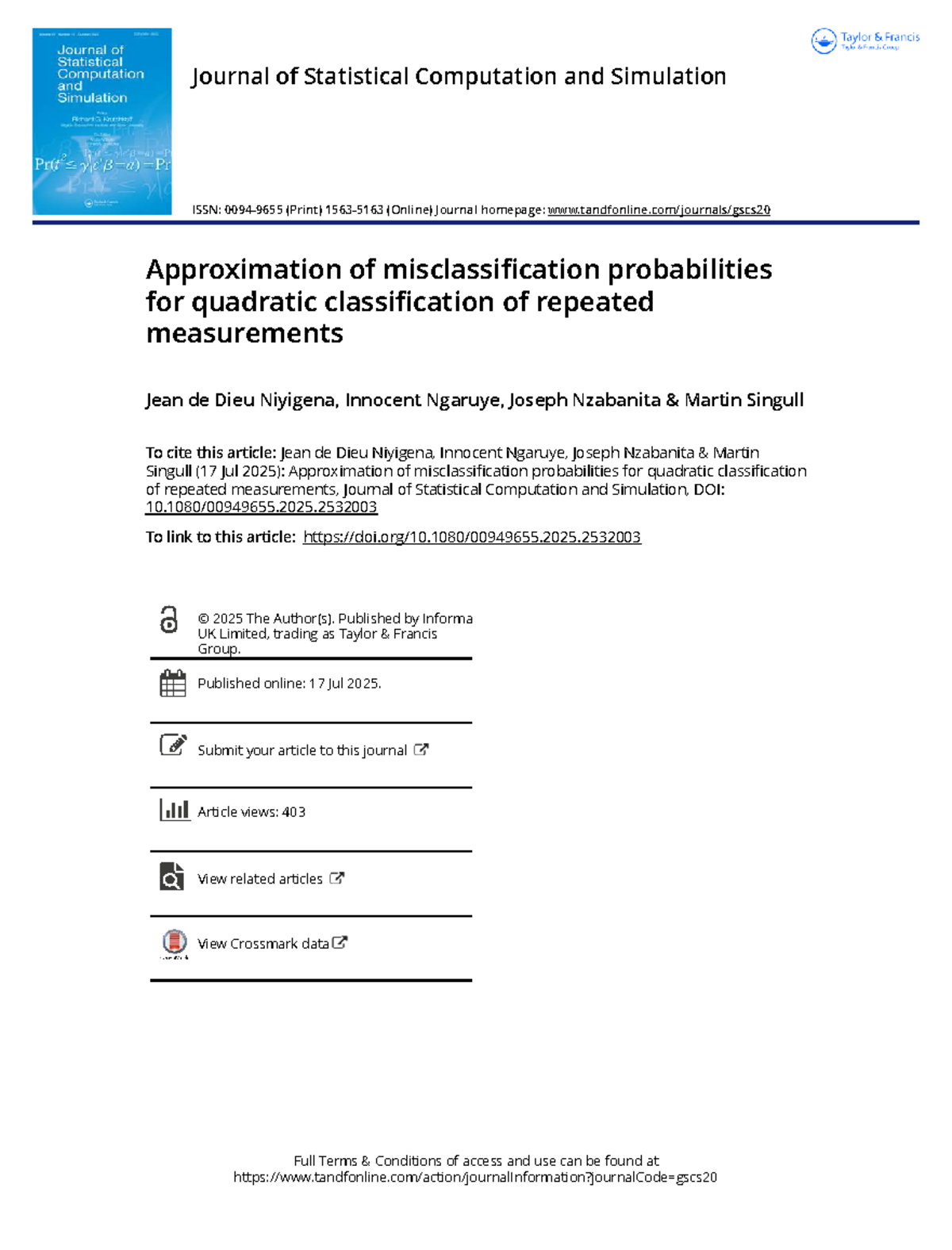 Approximation of Misclassification Probabilities in Quadratic ...