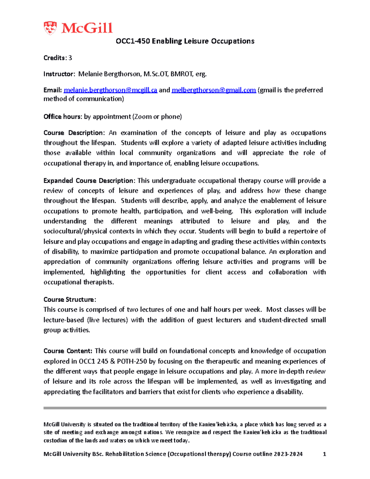 OCC1 450 Course Outline: Enabling Leisure Occupations 2023-2024 - Studocu