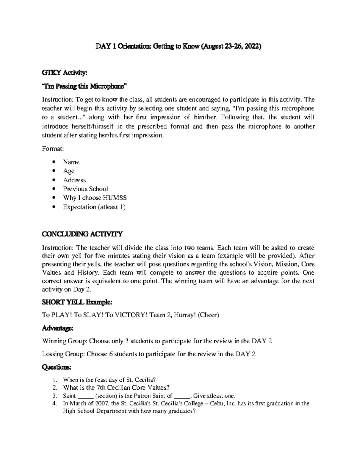 HUMSS 101: Day 1 Orientation & GTKY Activity Overview - Studocu