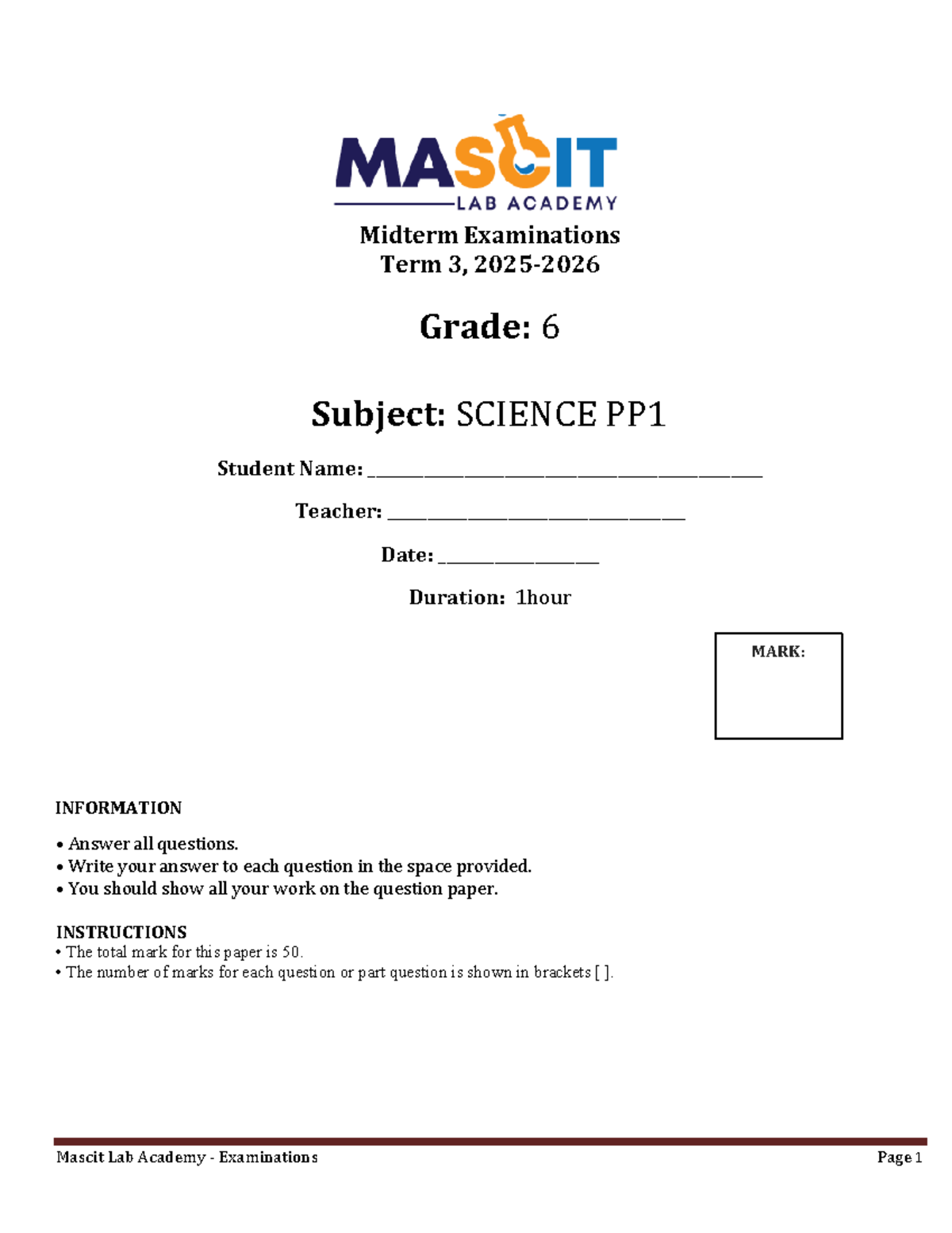 Midterm Exam SCI PP1 Grade 6 - Term 3 - Studocu