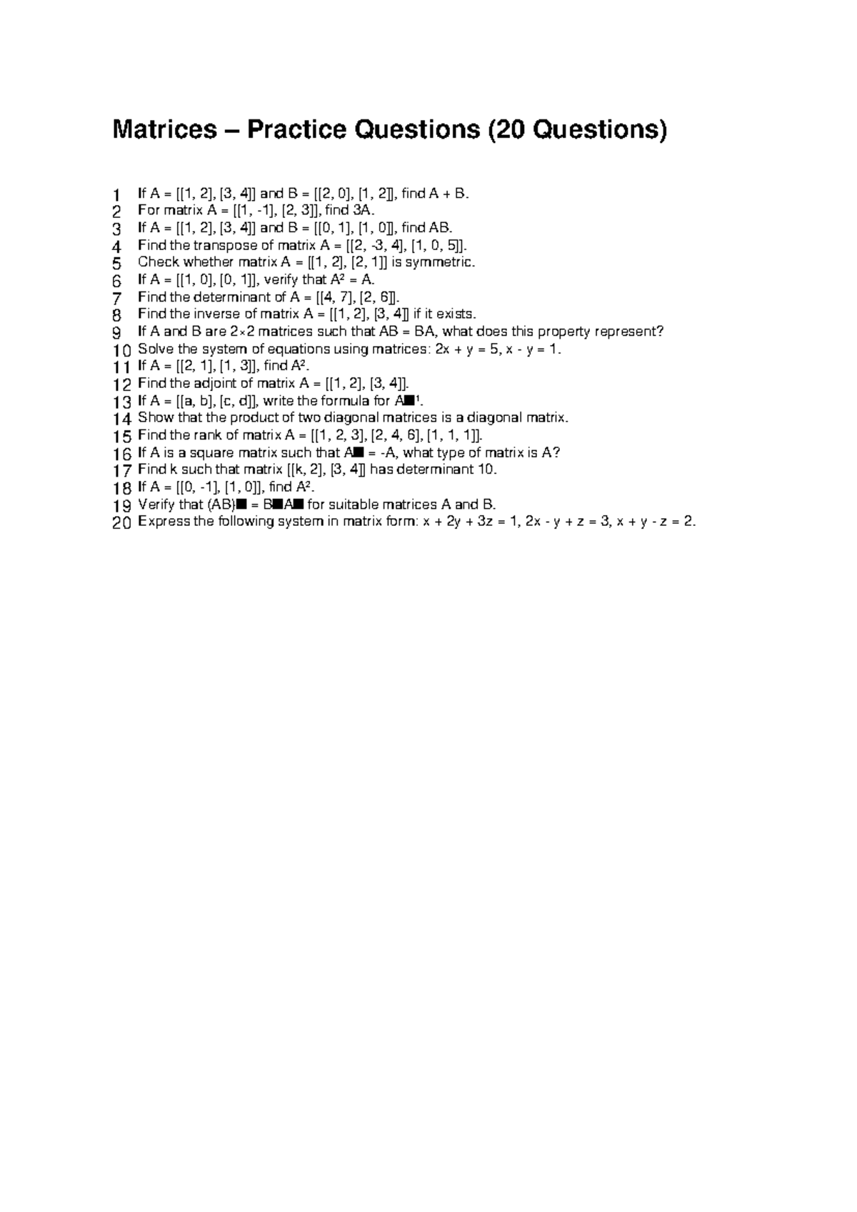Class 12 Matrices Practice Questions (20 Qs) - Studocu