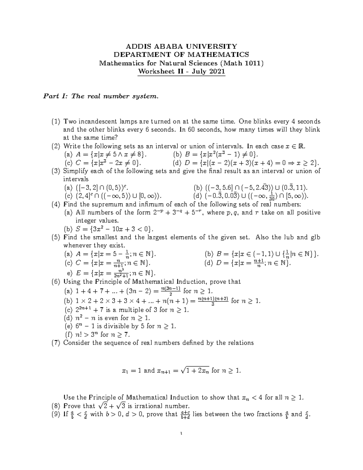 Worksheet II: Math 1011 - Real Number System & Induction Problems - Studocu