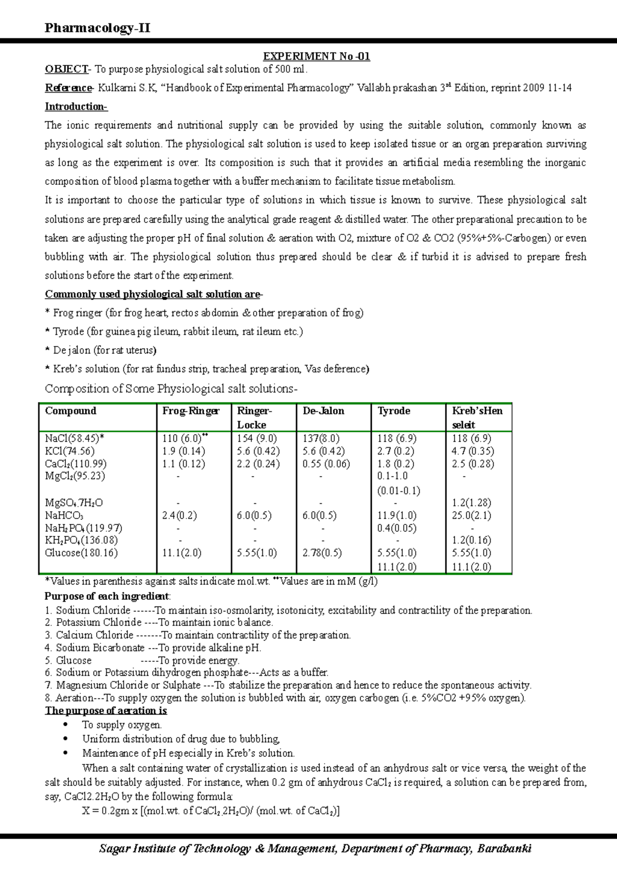 Pharmacology II BP-507P Lab Manual: Physiological Salt Solutions ...