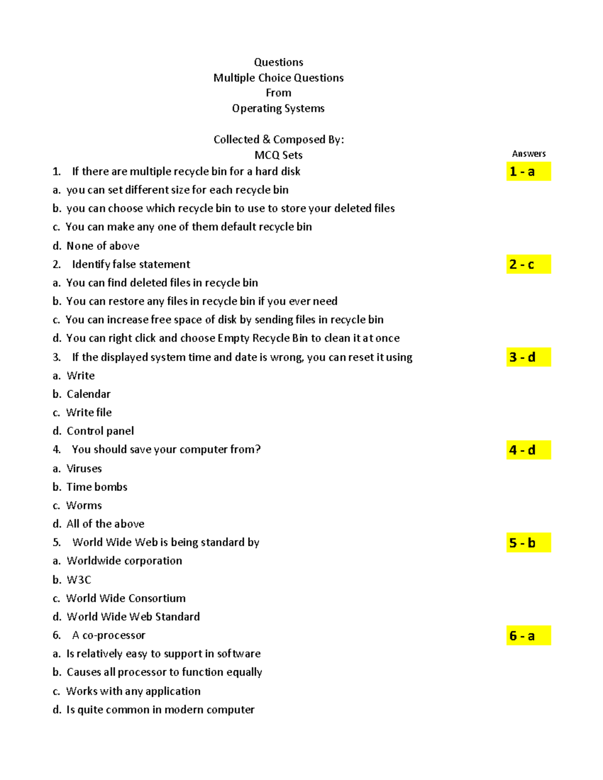 MCQ Sets 1: Multiple Choice Questions on Operating Systems - Studocu