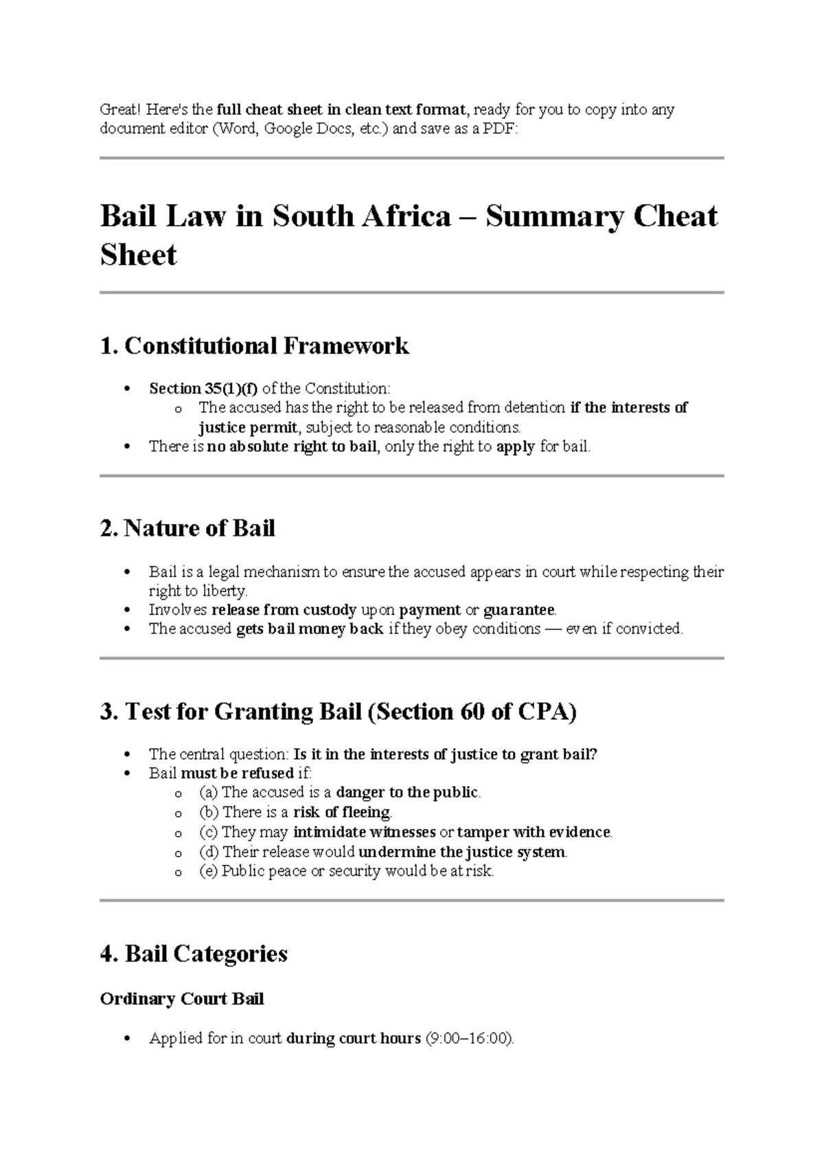 Bail Law in South Africa: Summary Cheat Sheet for Revision Notes - Studocu