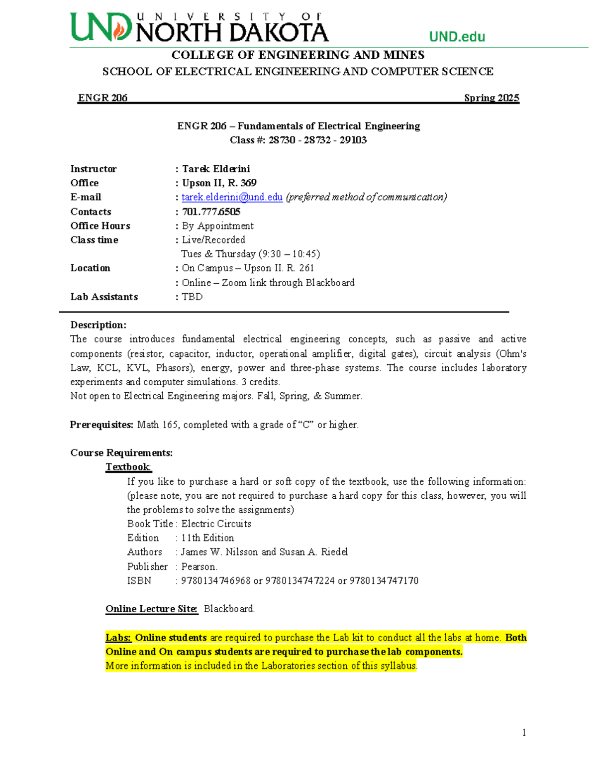 ENGR 206 Syllabus: Fundamentals of Electrical Engineering Spring 2025 - Studocu