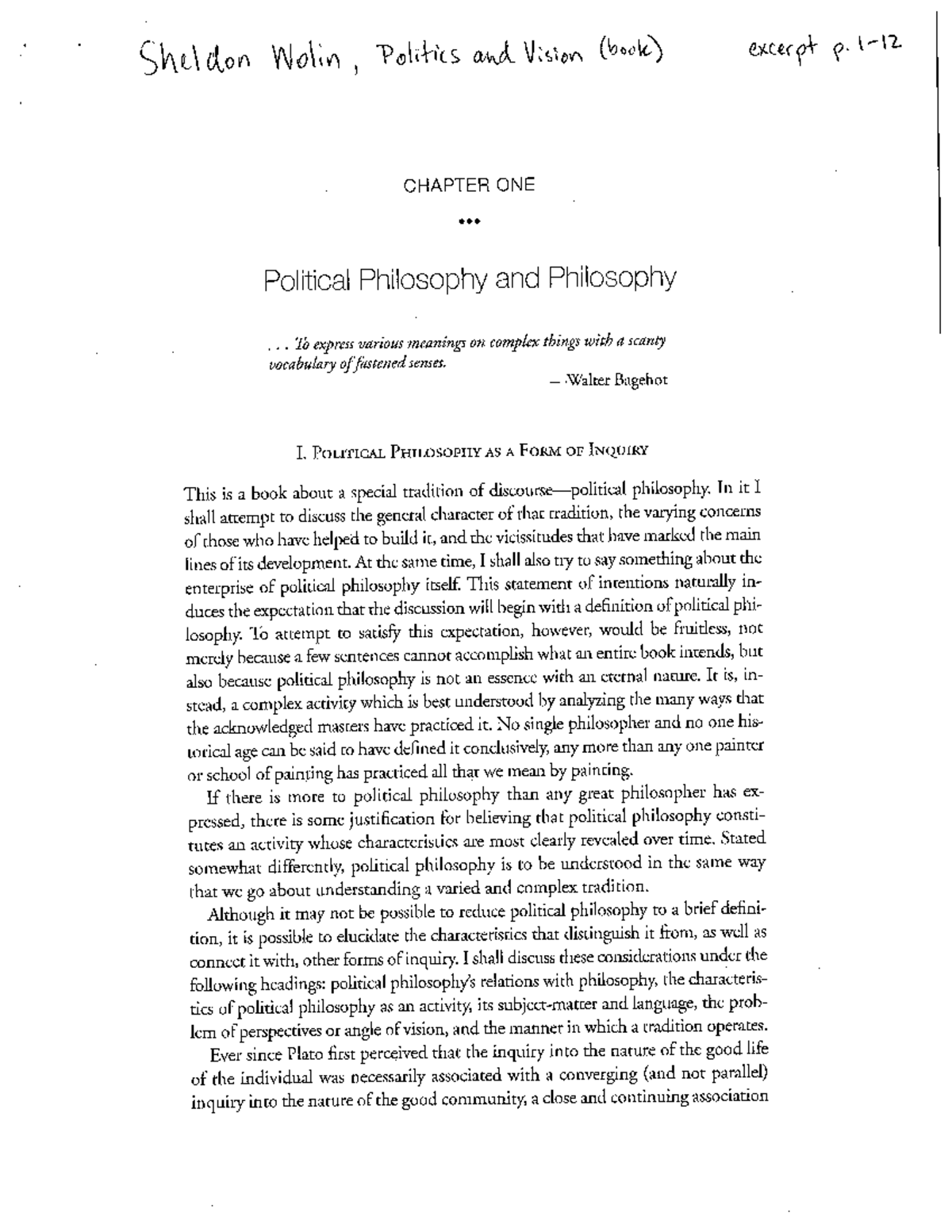Sheldon Wolin, Politics and Vision: Chapter 1 Analysis Summary - Studocu
