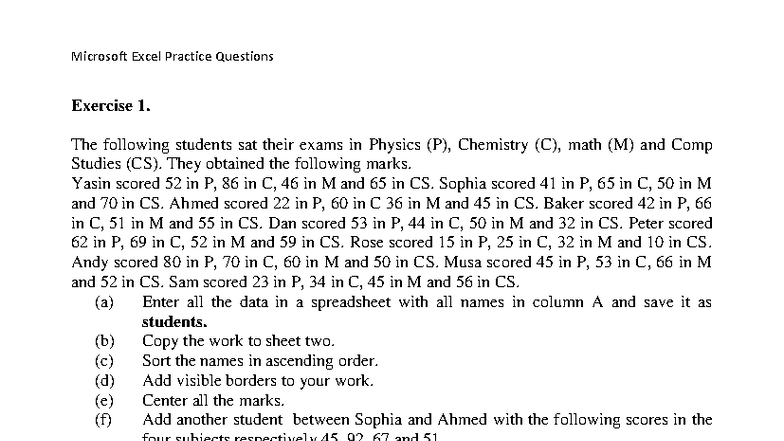 Microsoft Excel Practice Questions Exercise 1 & 2 - Studocu