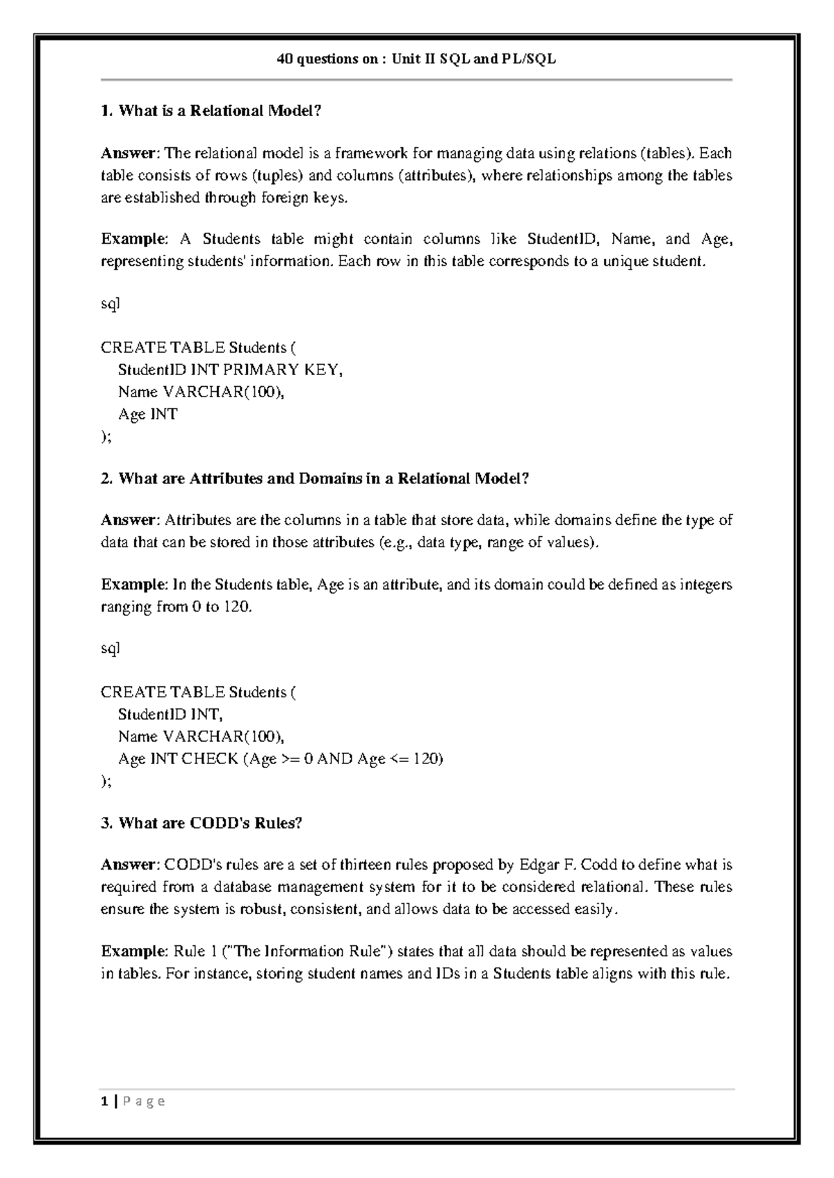 DBMS Unit 3 Study Questions and Answers (40 Qs) - Studocu