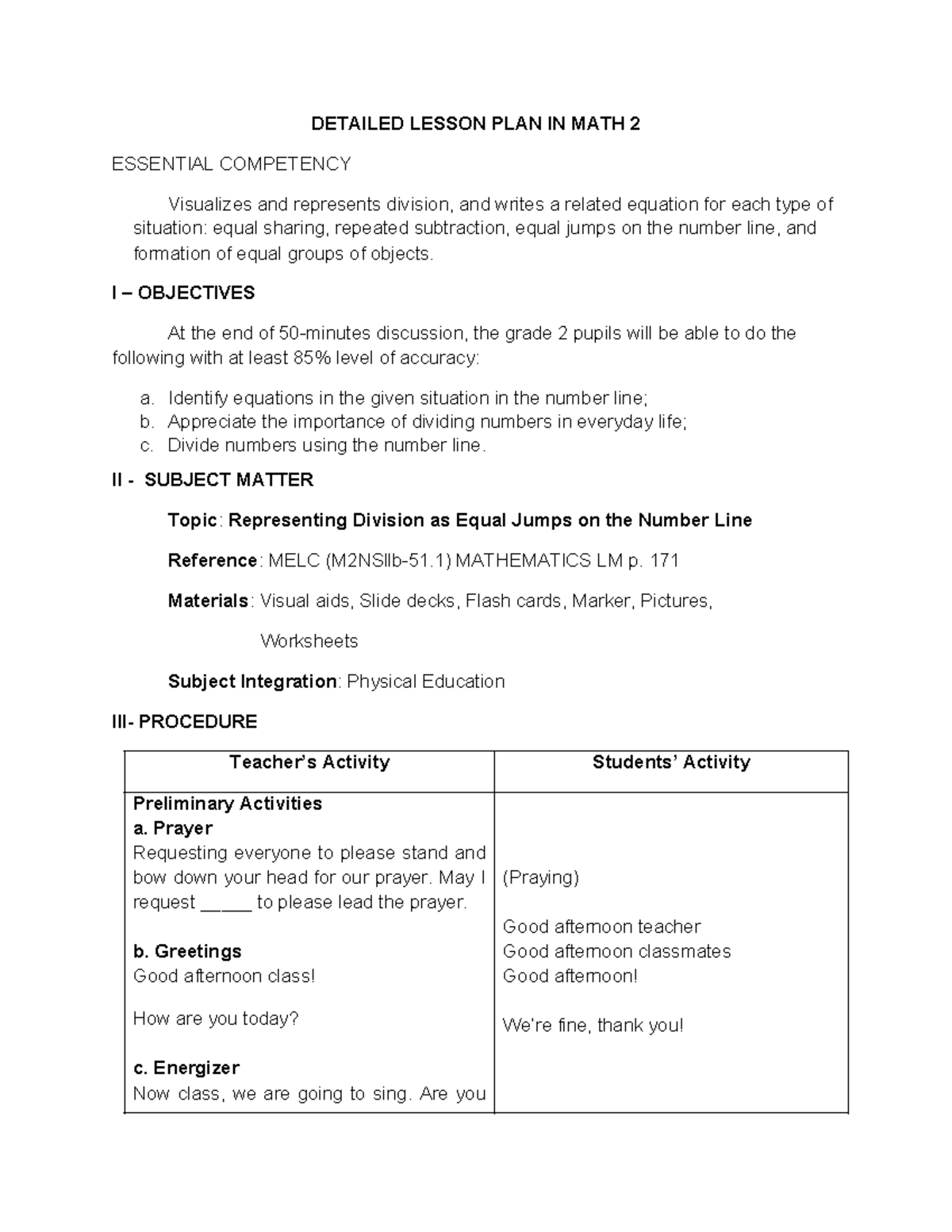 MATH 2 Lesson Plan: Visualizing Division with Number Lines - Studocu