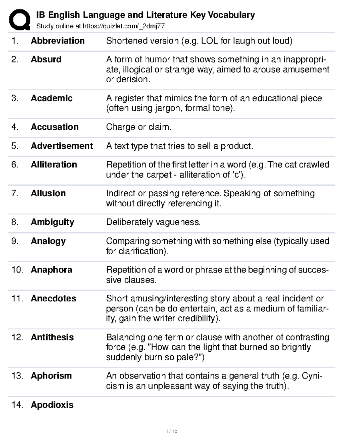 Ib English language and literature key vocabulary study guide - Studocu