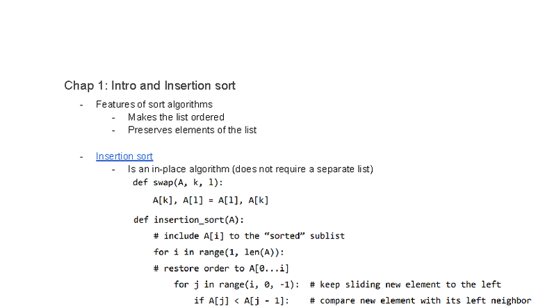 SC2001 Algorithm Design and Analysis - Chap 1: Intro and Insertion sort Features of sort ...