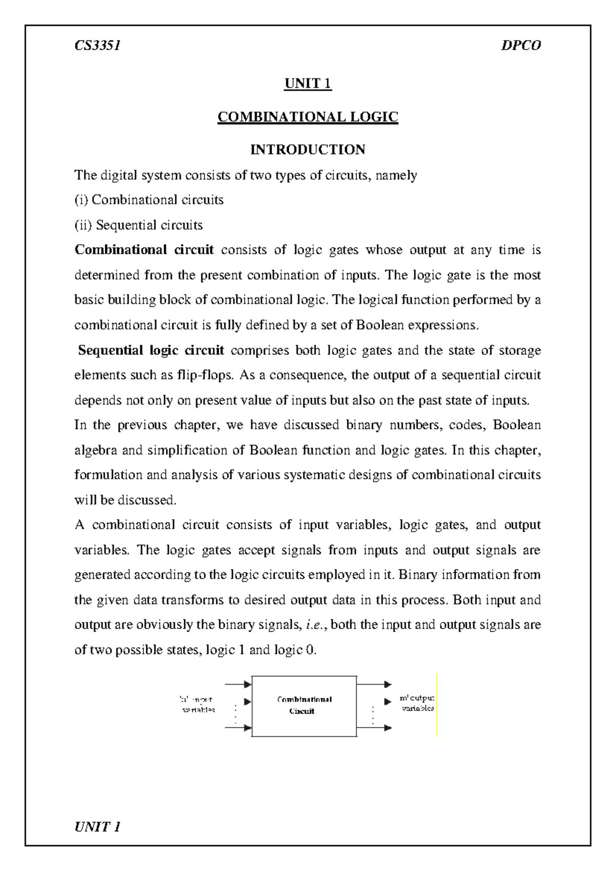DPCO - UNIT 1 Lecture Notes on Combinational Logic Circuits - Studocu