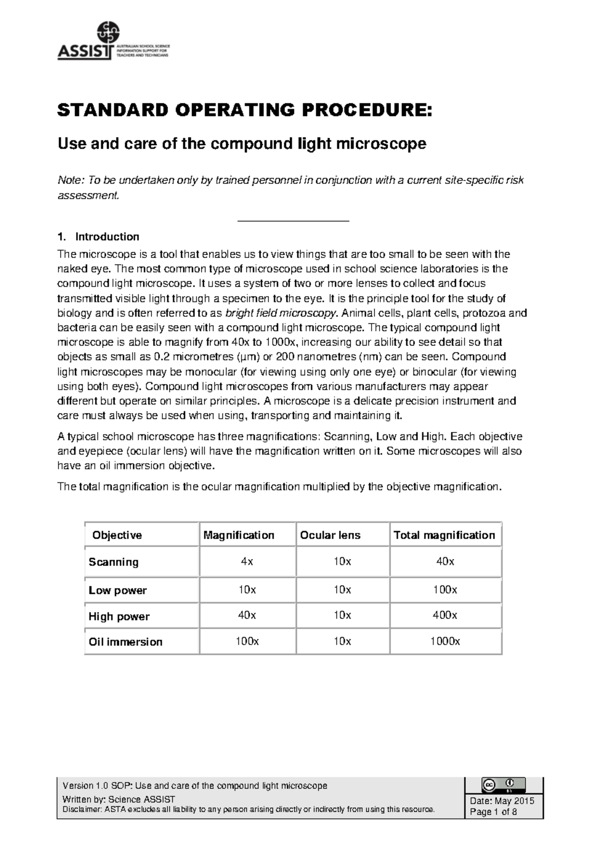 SOP - Guidelines for Use & Care of Compound Light Microscope - Studocu
