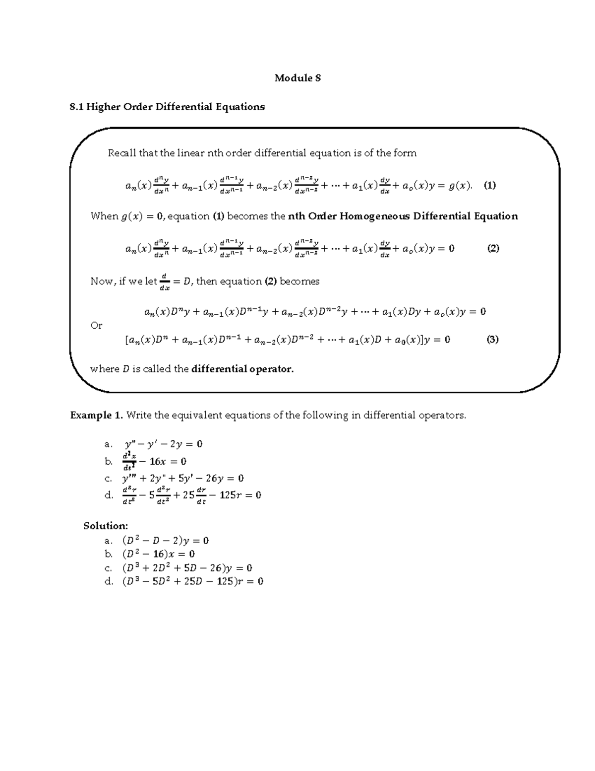 DE-L8: Higher Order Differential Equations and Solutions - Studocu
