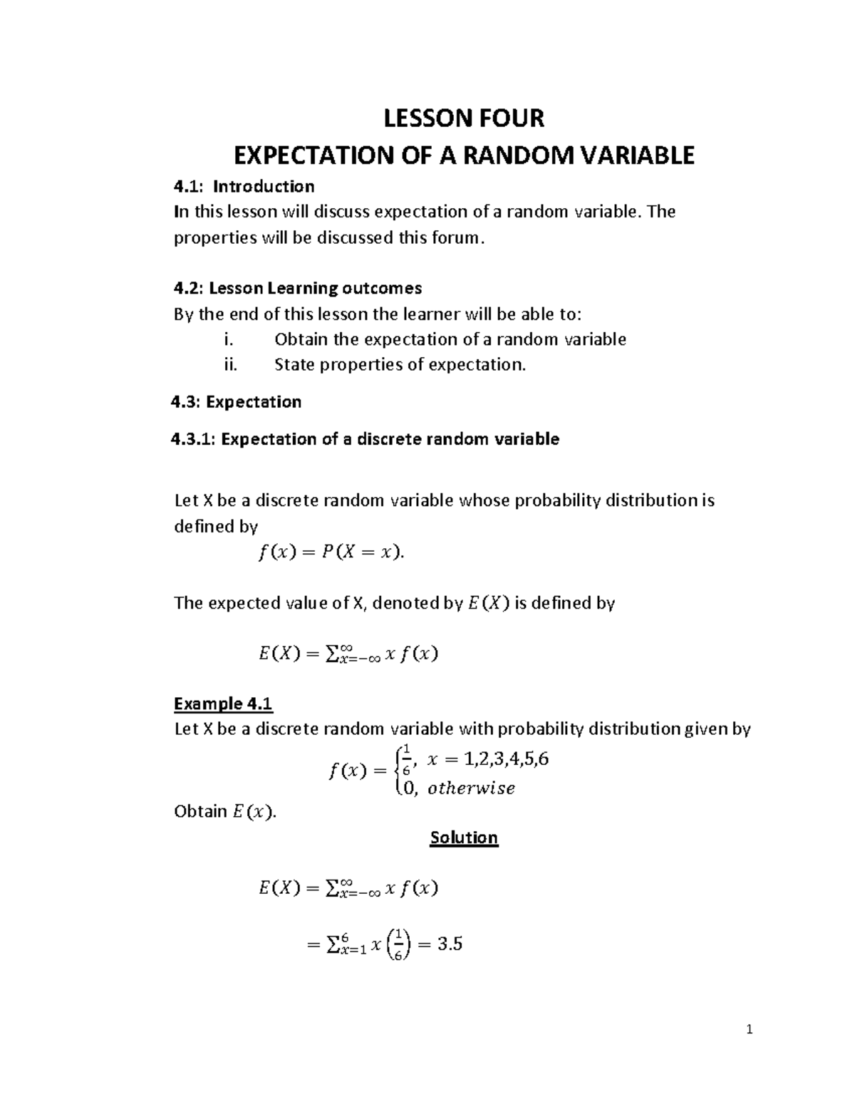 SST204 Lesson 4: Expectation of a Random Variable Explained - Studocu