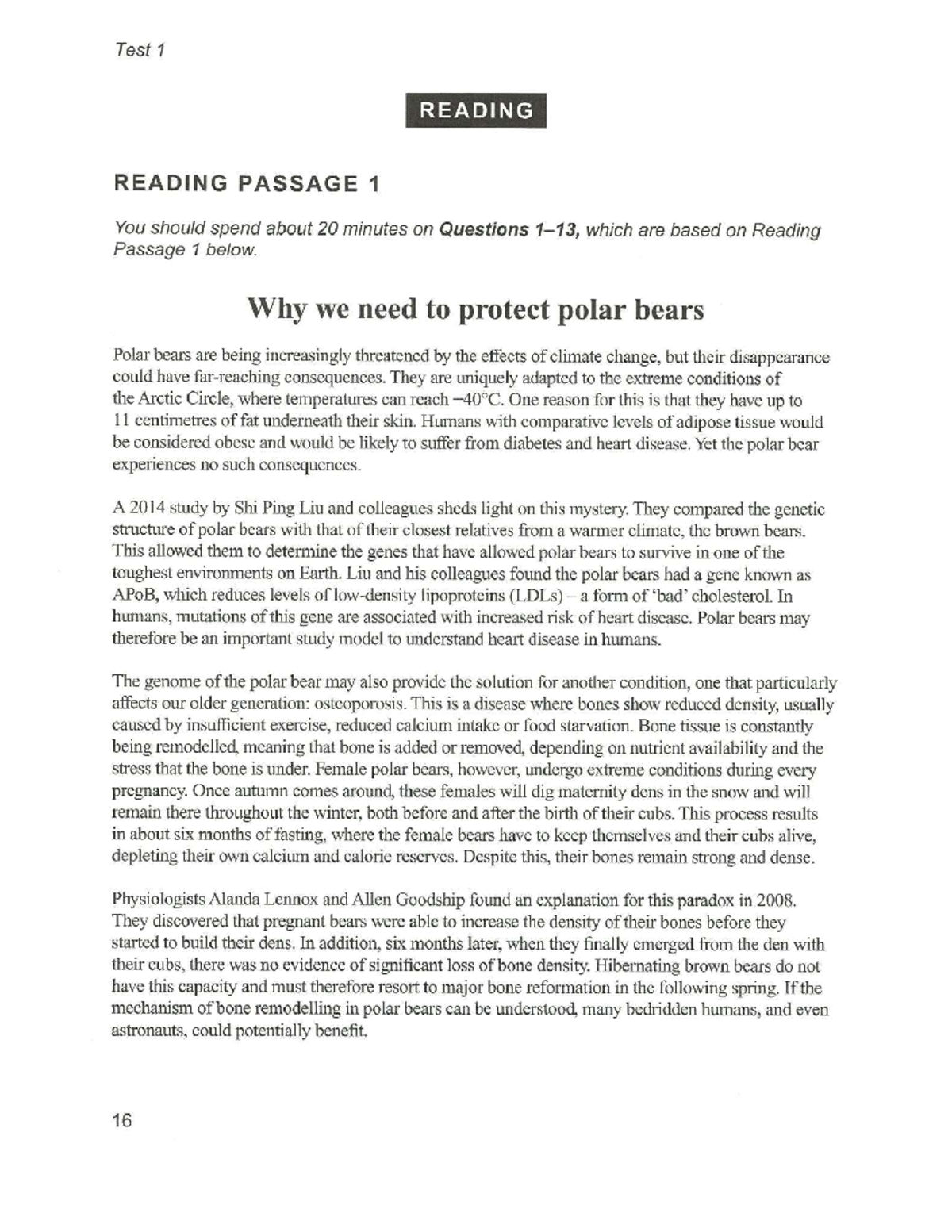 Cam16 - Test 1 Reading Passage Analysis on Polar Bears and AI - Studocu
