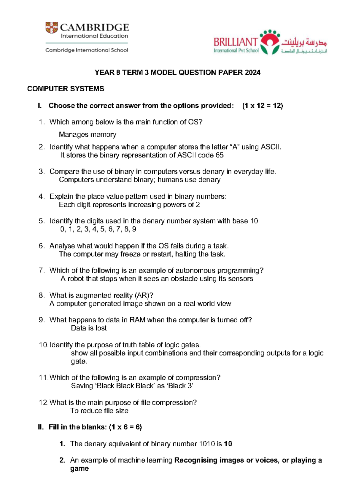 Year 8 ICT Term 3 Model Question Paper Answer Key 2024 - Studocu