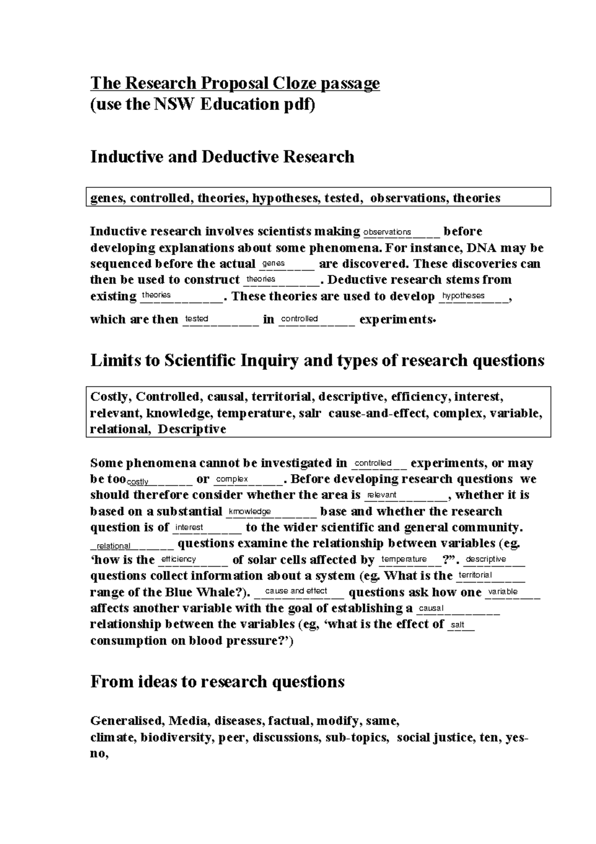 Cloze Passage Worksheet: Inductive & Deductive Research Methods - Studocu
