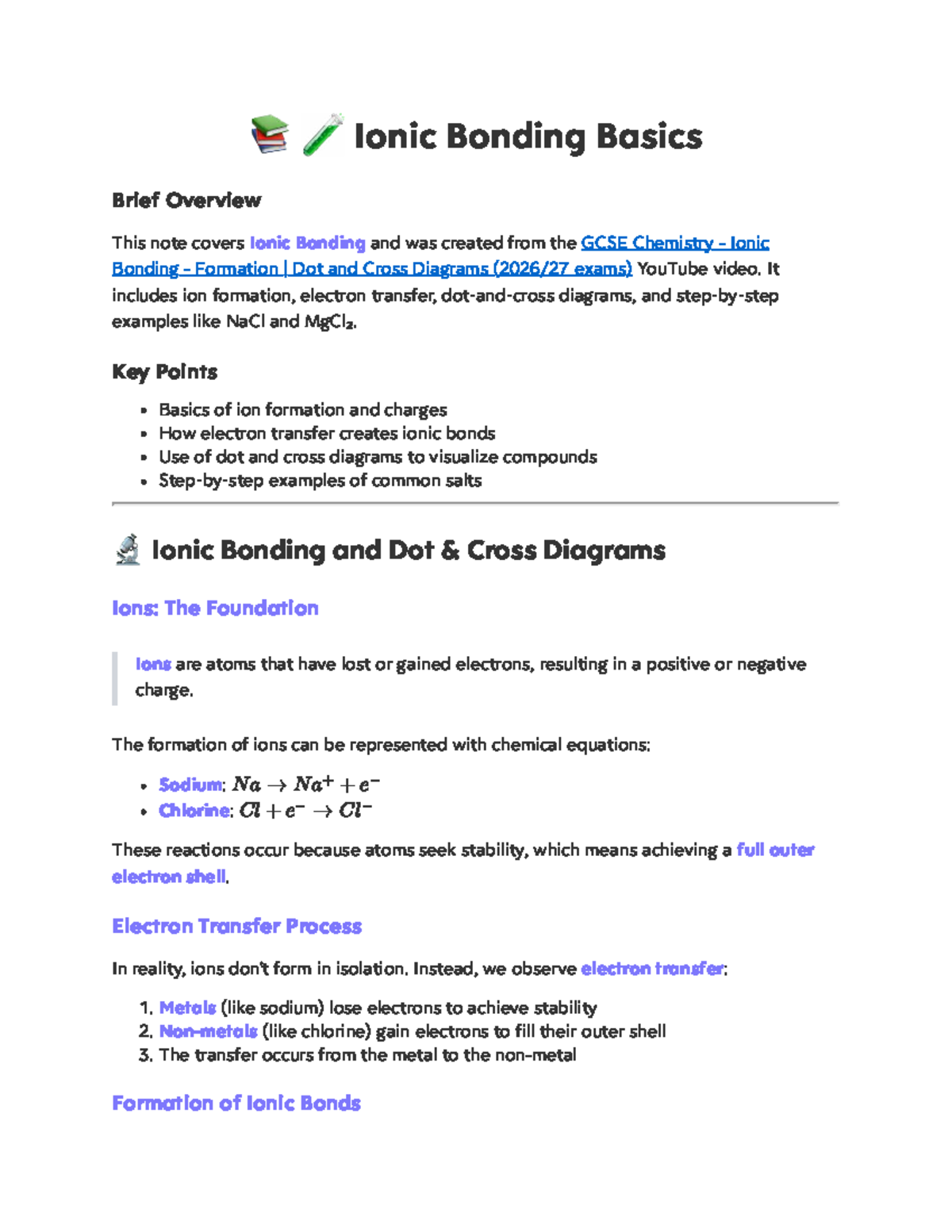 GCSE Chemistry - Ionic Bonding Overview & Dot Cross Diagrams - Studocu