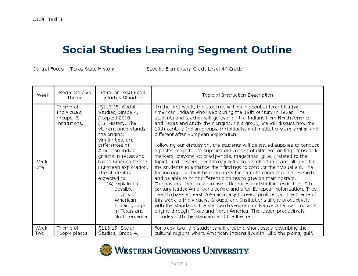 C104 task 1 OUTLINE - C104: Task 1 Social Studies Learning Segment ...