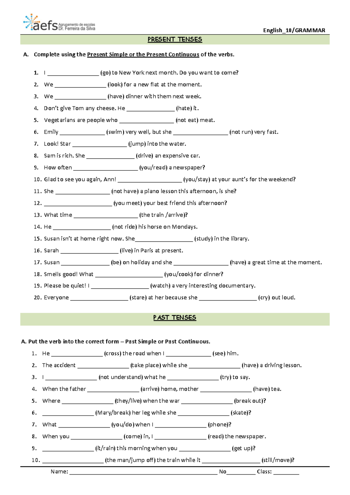English 10: Extra Exercises on Verb Tenses (Present & Past) - Studocu