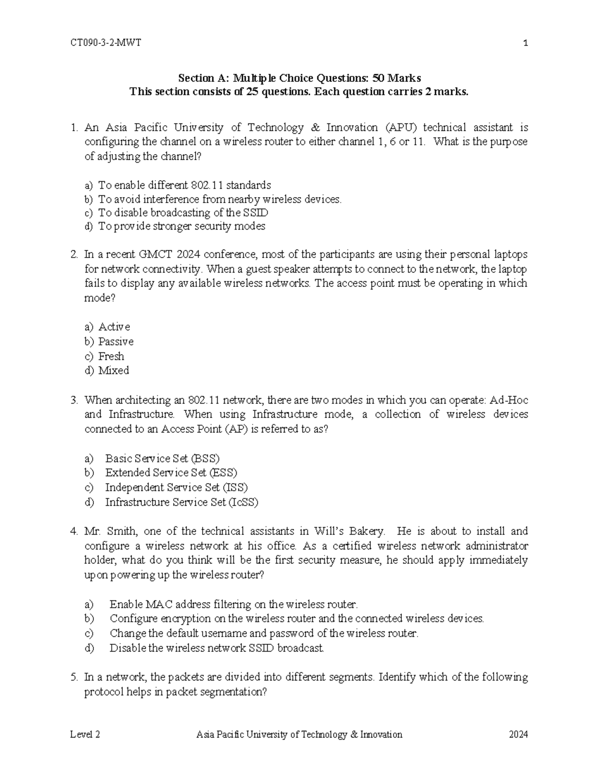 VE01 MWT APU Final Exam Questions: Wireless Networking & Technologies ...
