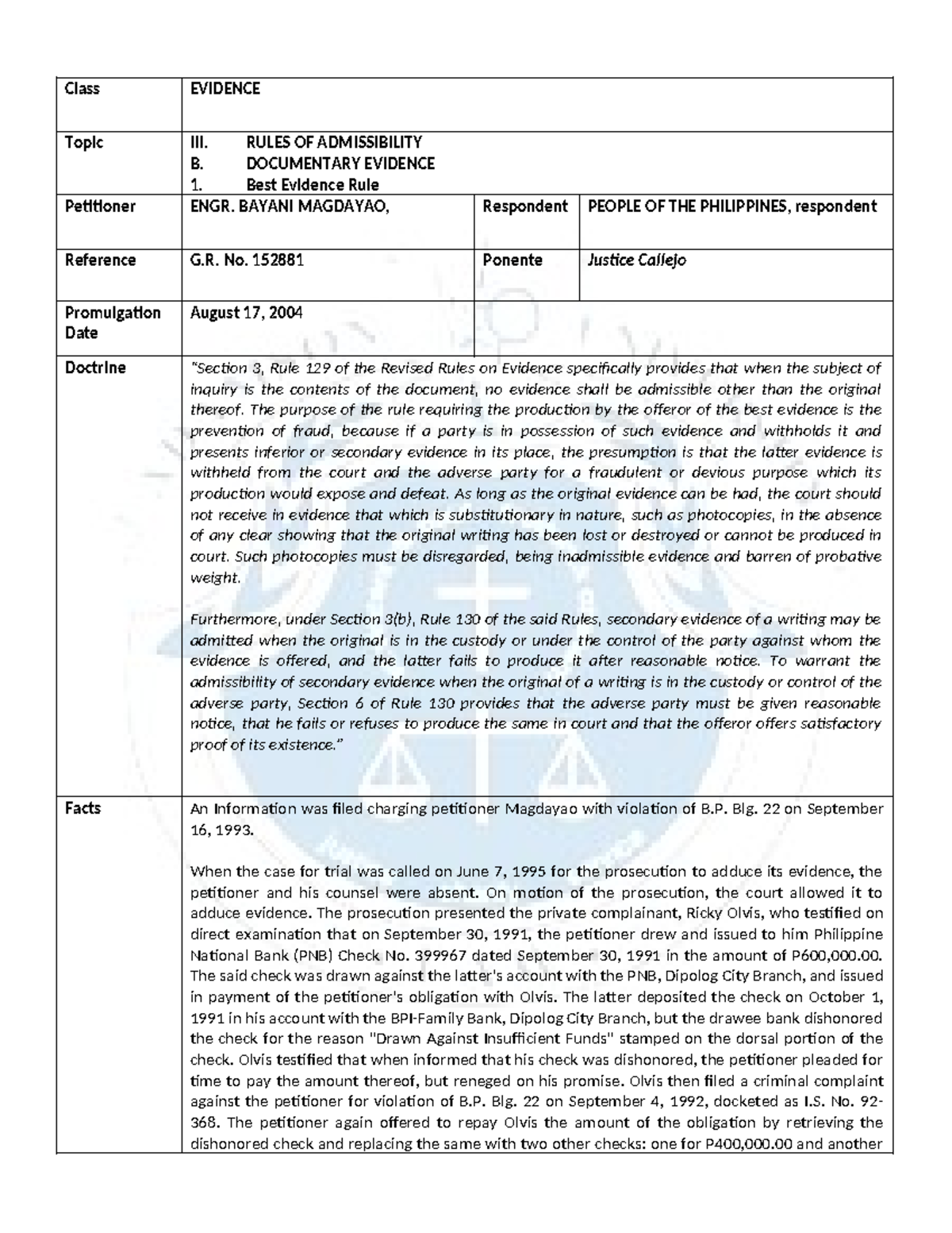 EVIDENCE 101: Rules of Admissibility in Magdayao v. People (G.R. No ...