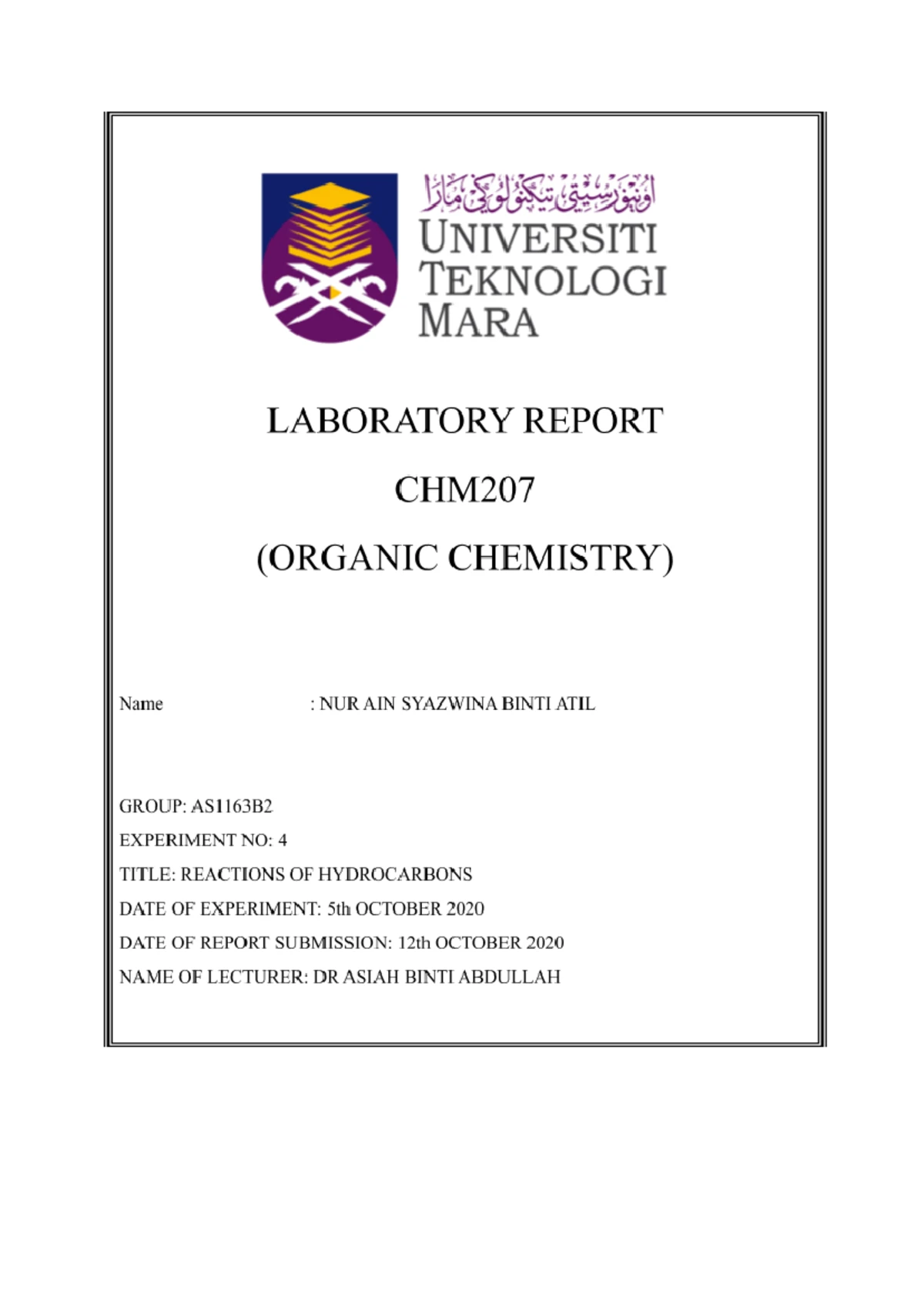 EXP 5A: LAB REPORT ON CHEMICAL PROPERTIES OF CARBONYL COMPOUNDS - Studocu