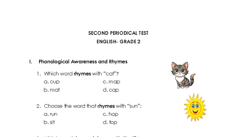 2nd Periodical Test Grade 2: Phonological Awareness & Vocabulary - Studocu